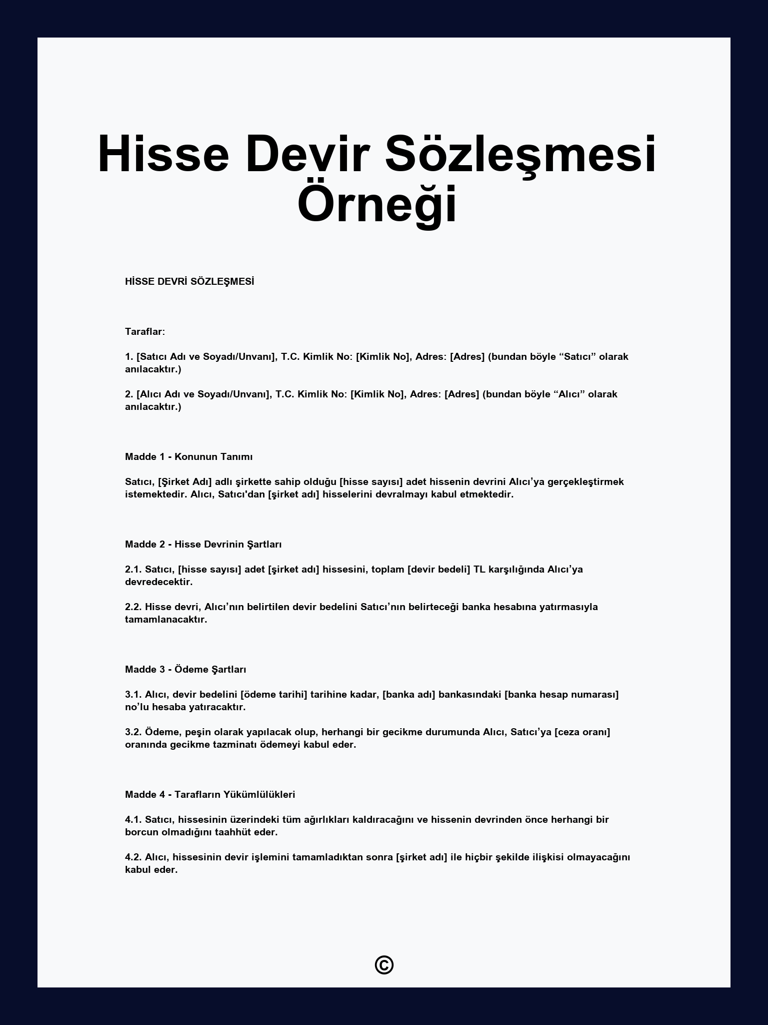 Hisse Devir Sözleşmesi Örneği