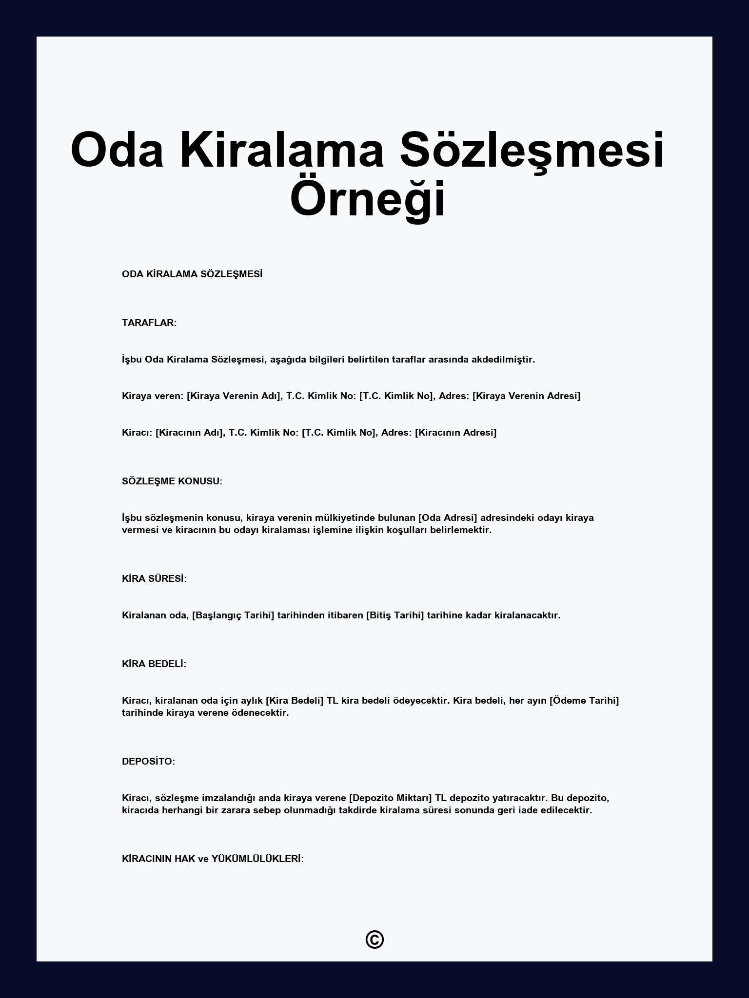 Oda Kiralama Sözleşmesi Örneği