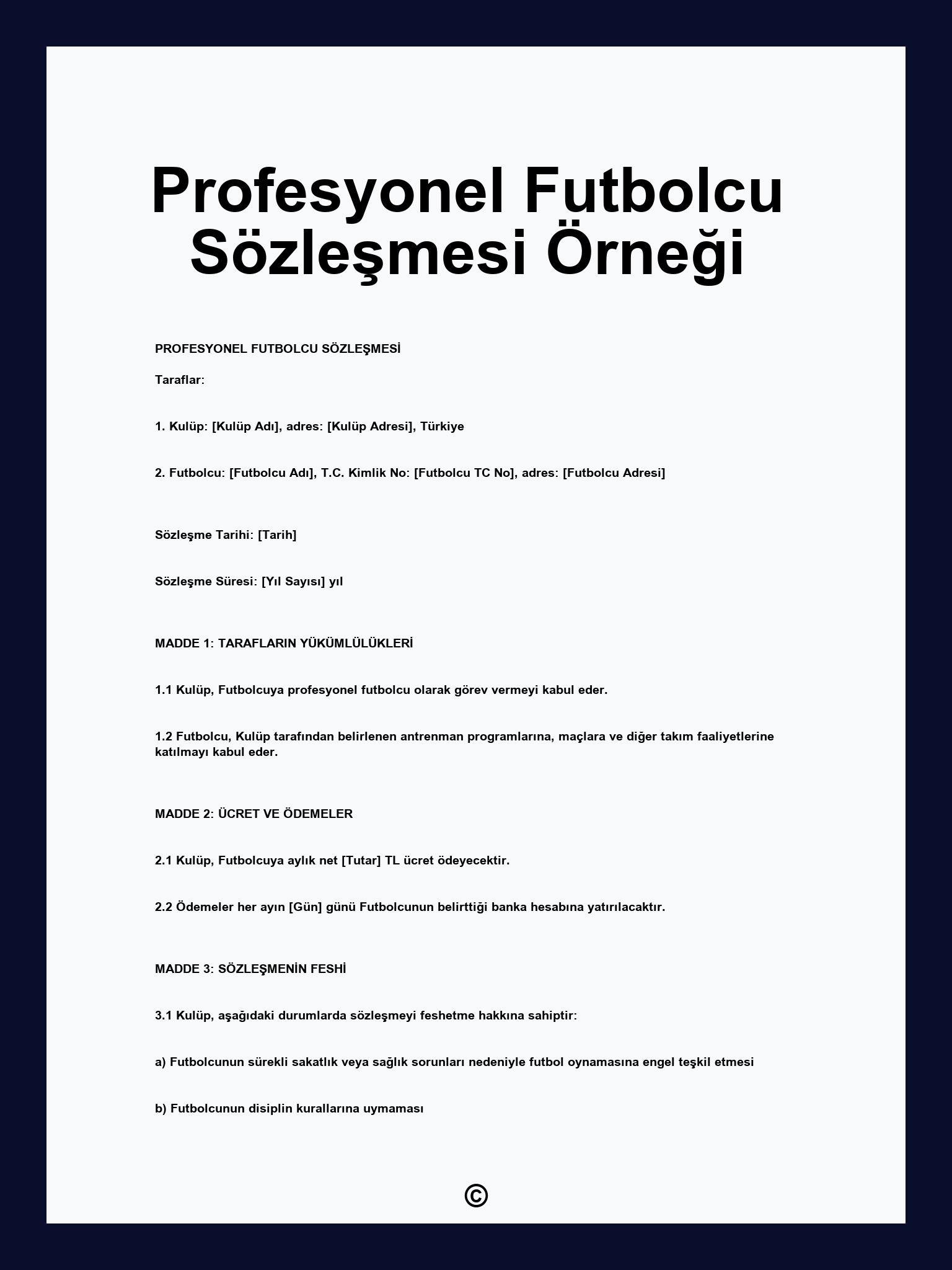 Profesyonel Futbolcu Sözleşmesi Örneği